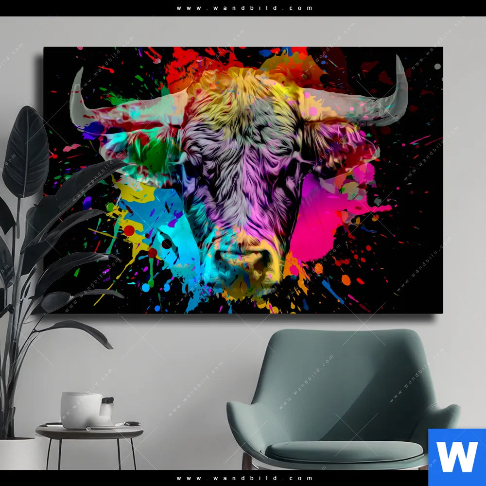 Leinwandbild ♥️ Bunter Stier Schwarz | Querformat | wandbild.com