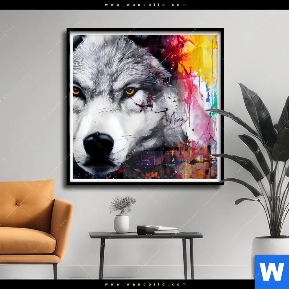 Poster von wandbild.com - Wolf mit bunten Farbspritzern - Quadrat