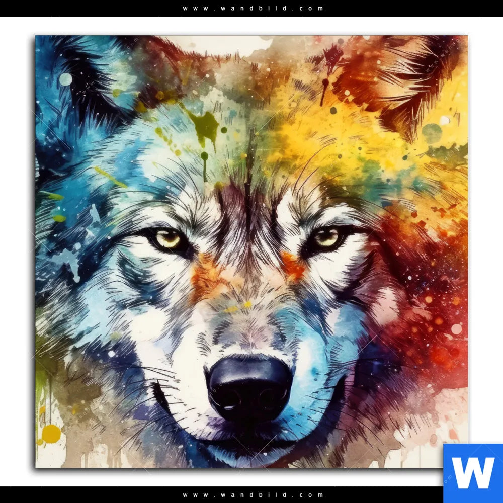 Spannbild ♥️ Wolf mit bunten Farbspritzern No. 2 | Quadrat | wandbild.com