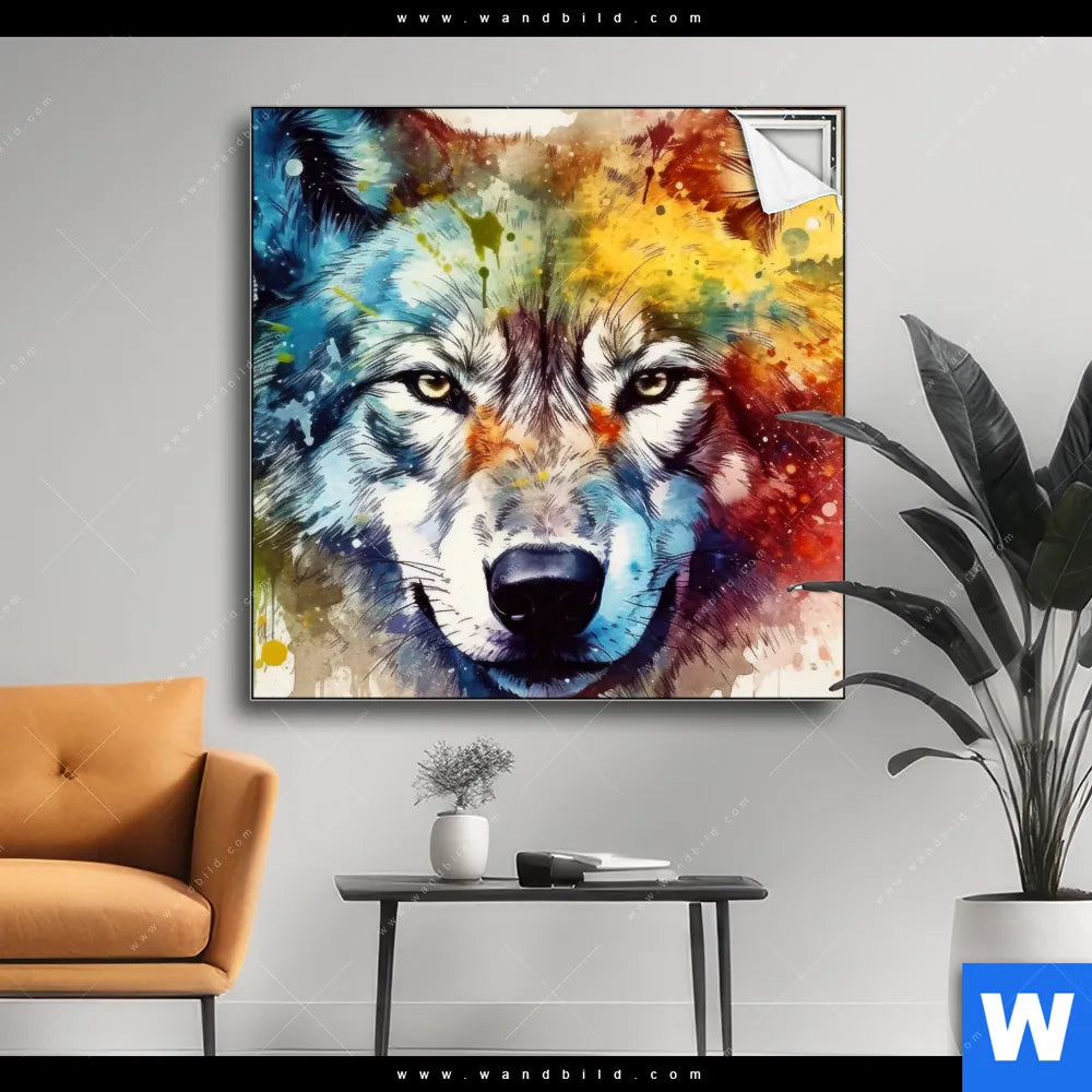 Spannbild ♥️ Wolf mit bunten Farbspritzern No. 2 | Quadrat | wandbild.com